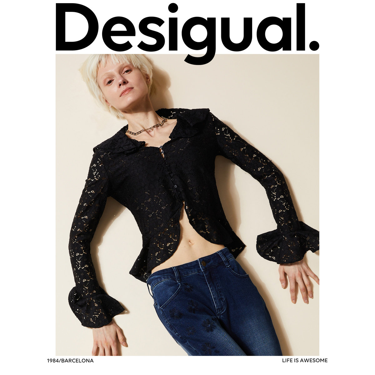 Desigual 轻薄蕾丝V领荷叶边女士衬衫