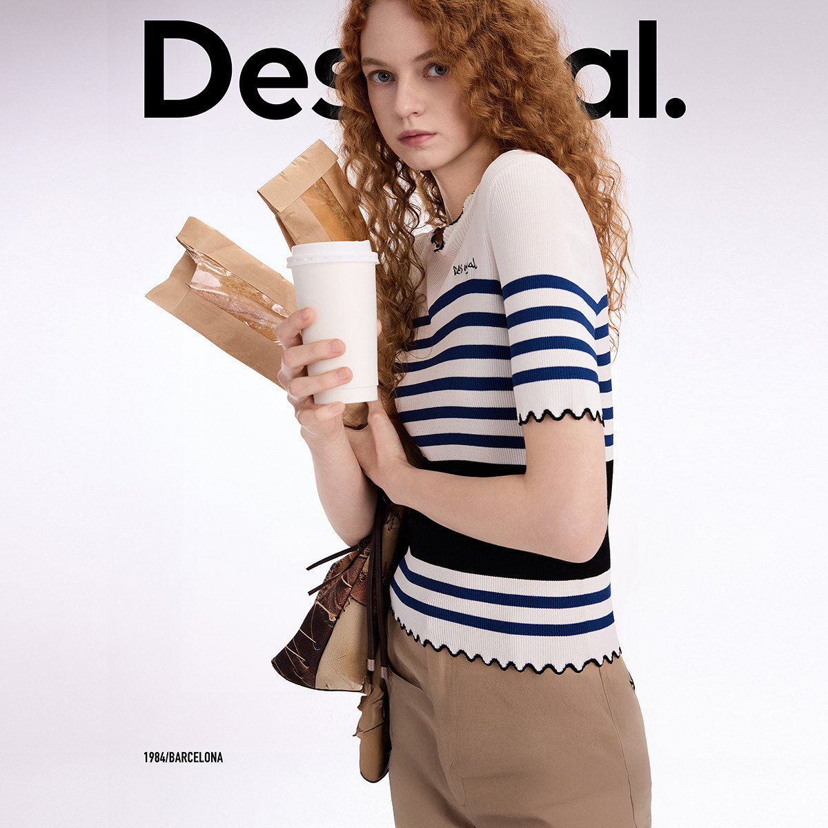 Desigual【博主同款】针织修身弹力航海条纹波浪锁边短袖针织衫