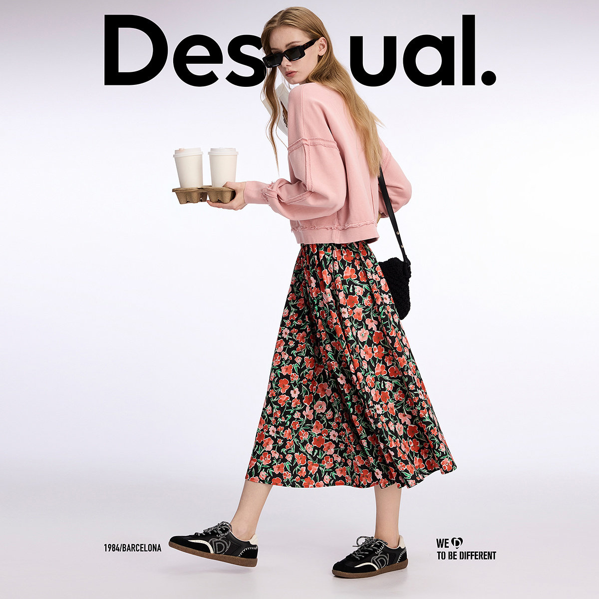 Desigual轻薄伞摆印花中长款彩色女士半截裙