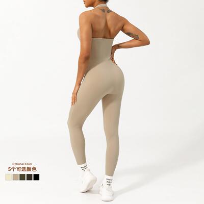 Hanging neck, low collar, waist cinching, one-piece yoga