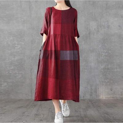 Cotton thin mid length plaid dress