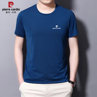 正品皮尔卡丹冰丝速干短袖T恤中年圆领凉感桑蚕丝半袖体恤衫男装