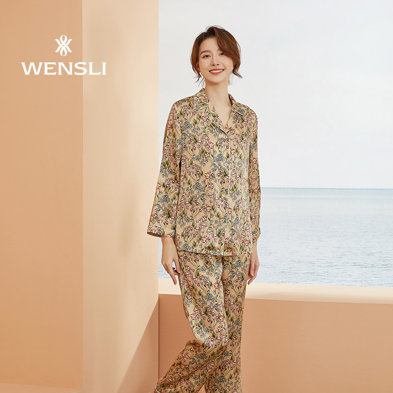 Wensli/万事利真丝睡衣女春秋丝绸印花家居服桑蚕丝长袖套装浅夏_虎窝淘