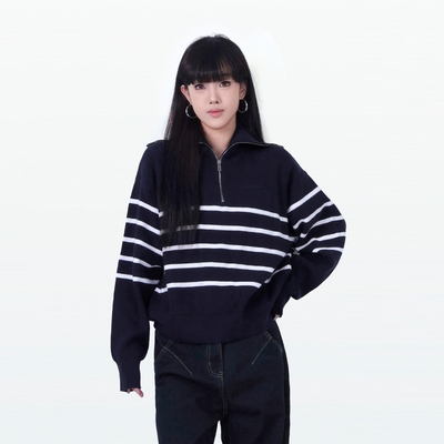 蓝白条半拉链毛衣针织衫