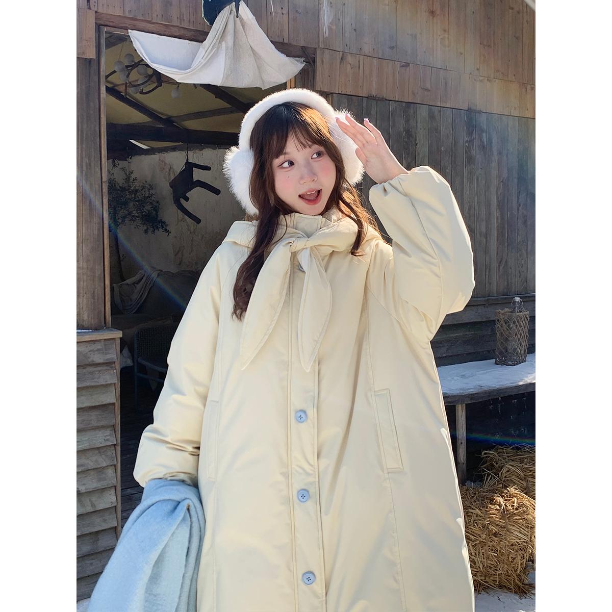 网图木茶MUCHA 奶黄小兔 长款棉衣棉服女冬季保暖加厚宽松外套-