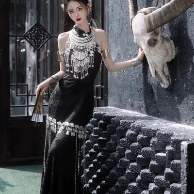 苗疆苗服旗袍连衣裙新款黑色系舞台民族风苗族服装傣族土家族摄影