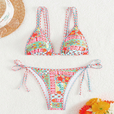 Printed halter sexy bikini2025新款欧美系带分体泳衣女士高级感