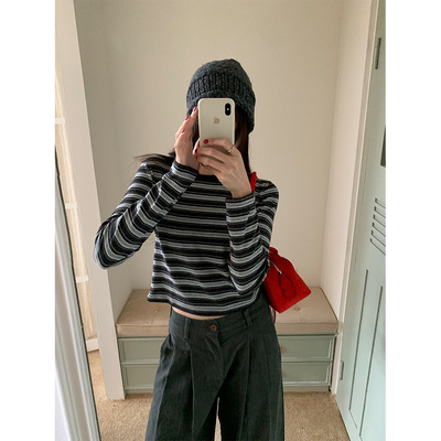 黄峥 磨毛条纹正肩短款长袖T恤女冬季修身显瘦内搭打底上衣541153