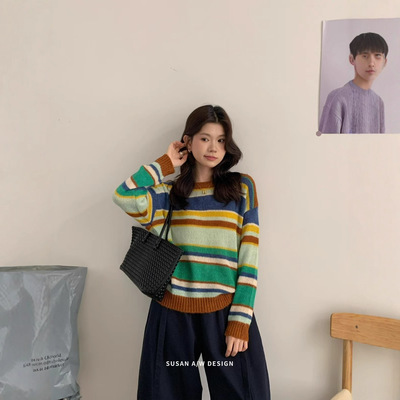 苏珊 韩系复古彩色条纹2025秋冬季新款针织毛衣套头上衣女27128