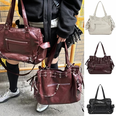 Deinet韩国小众托特包大号抽绳大容量机车包铆钉手提单肩斜挎包女