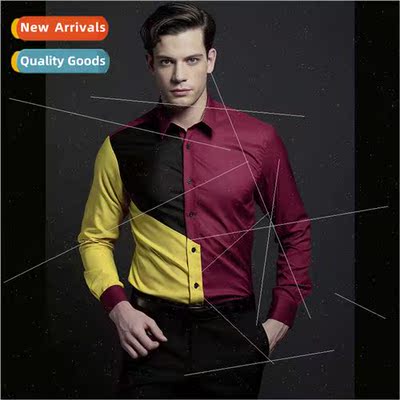 Men 2023 autumn new long-sleeved colorblocking men lapel Sli