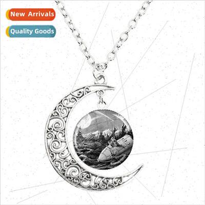 New world map moon necklace dome glass pendant photo necklac