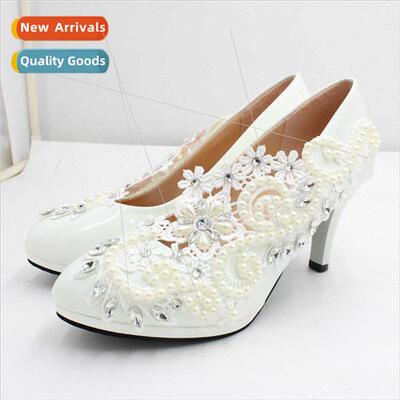 High heel round head white wedding shoes plus size women sho