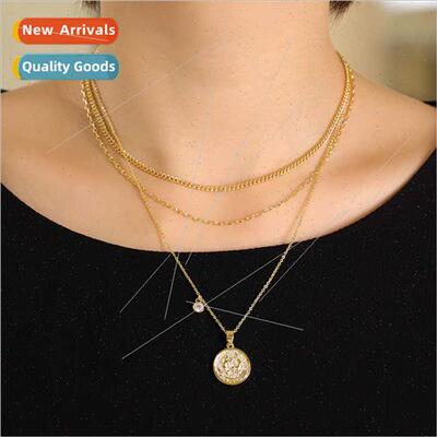 KJ Copper Plated Zodiac Pendant Women Multi-Row Chain Stacki