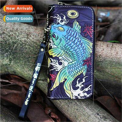 Cowhide Long Women Carved Wallet Carp Pattern Zipper Handmad