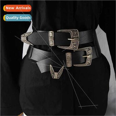 Metal carved double head buckle decorative wide belt dress l