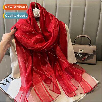 2022 fall winter new fashion silk blended striped scarf fema
