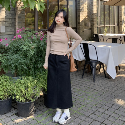 PERRY自制小个子修身加绒呢子中长裙小码150xxs