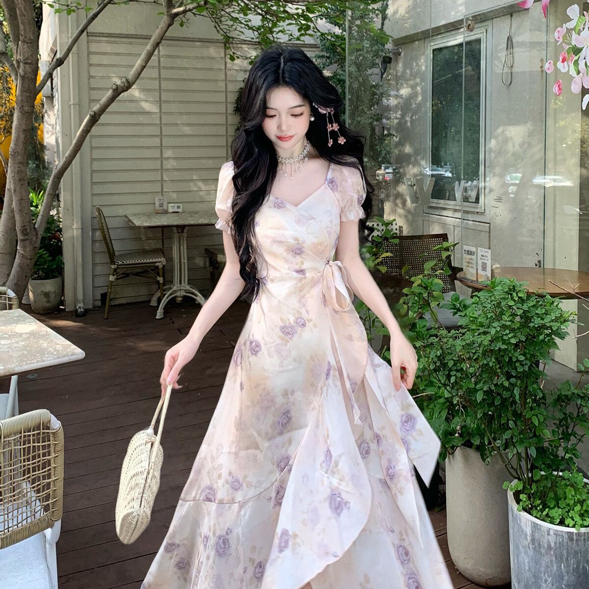 月关蔷薇 法式气质优雅紫碎花不规则荷叶边收腰显瘦连衣裙夏