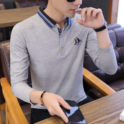秋季衫男长袖T恤翻领大码秋衣体恤休闲修身秋装带领有领上衣