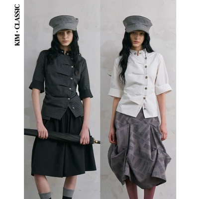 KIM Classic「Beech」复古银扣收腰胸口压褶衬衫