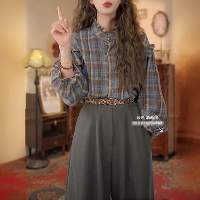 港风复古格子休闲宽松衬衫上衣格纹设计感长袖时尚气质百搭