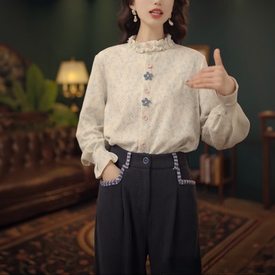 复古港风保暖花边秋冬新款打底衫慵懒宽松长袖衬衫上衣