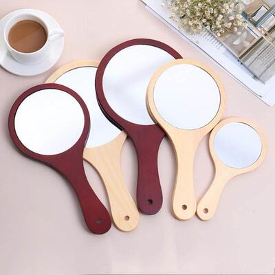Round Wood Vintage Hand Mirror Makeup Vanity Mirror Portable