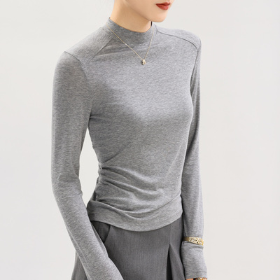 灰色立领打底衫女莱赛尔天丝羊毛