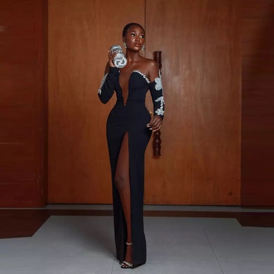 Sexy Black Evening Dresses Long Sleeves Prom Dressing Gowns