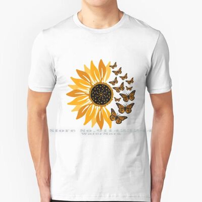 Sunflower Art With 100% Cotton T Shirt Yellow Flower Butterf