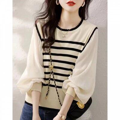 Knitted sweater women's long sleeved striped pullover