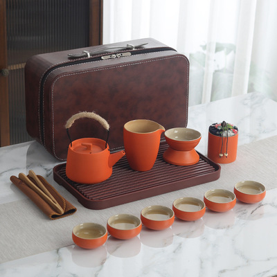 粗陶瓷旅行茶具套装带茶盘提梁壶