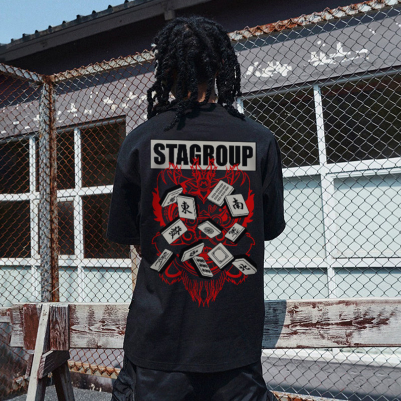 STA夏季新款基础麻将醒狮23ss潮牌复古街头男宽松纯棉多色短袖t恤_虎窝淘