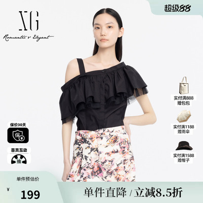XG雪歌XJ221037A890黑色网纱拼接衬衫时尚夏季新款露肩短袖上衣女