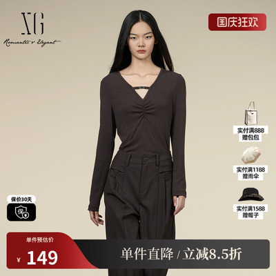 XG/雪歌XK301011A372咖色长袖T恤2025秋季新款镂空设计修身上衣女