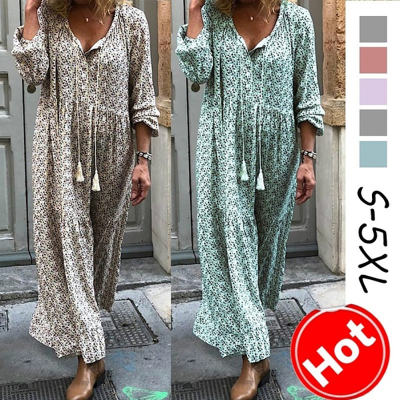 Floral Print Tassel Drawstring Long Sleeve Dresses Women Mom