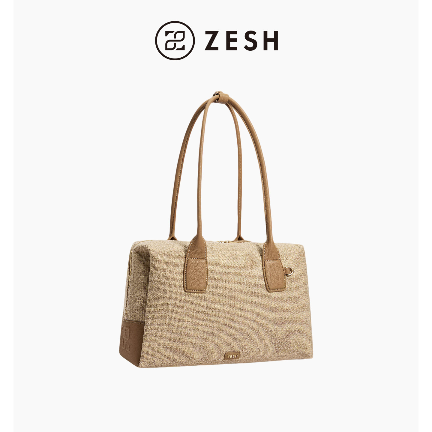 ZESH/泽尚 印象大号毛呢拼皮波士顿包 新款大容量手提包腋下女包