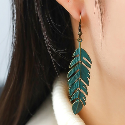 women's Vintage tassel leaf feather ear hanging earrings耳环