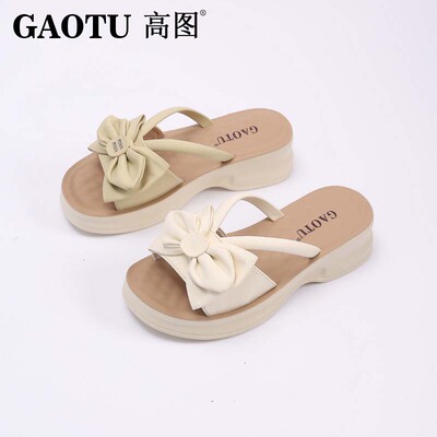 高图蝴蝶结一字带平底时尚凉鞋