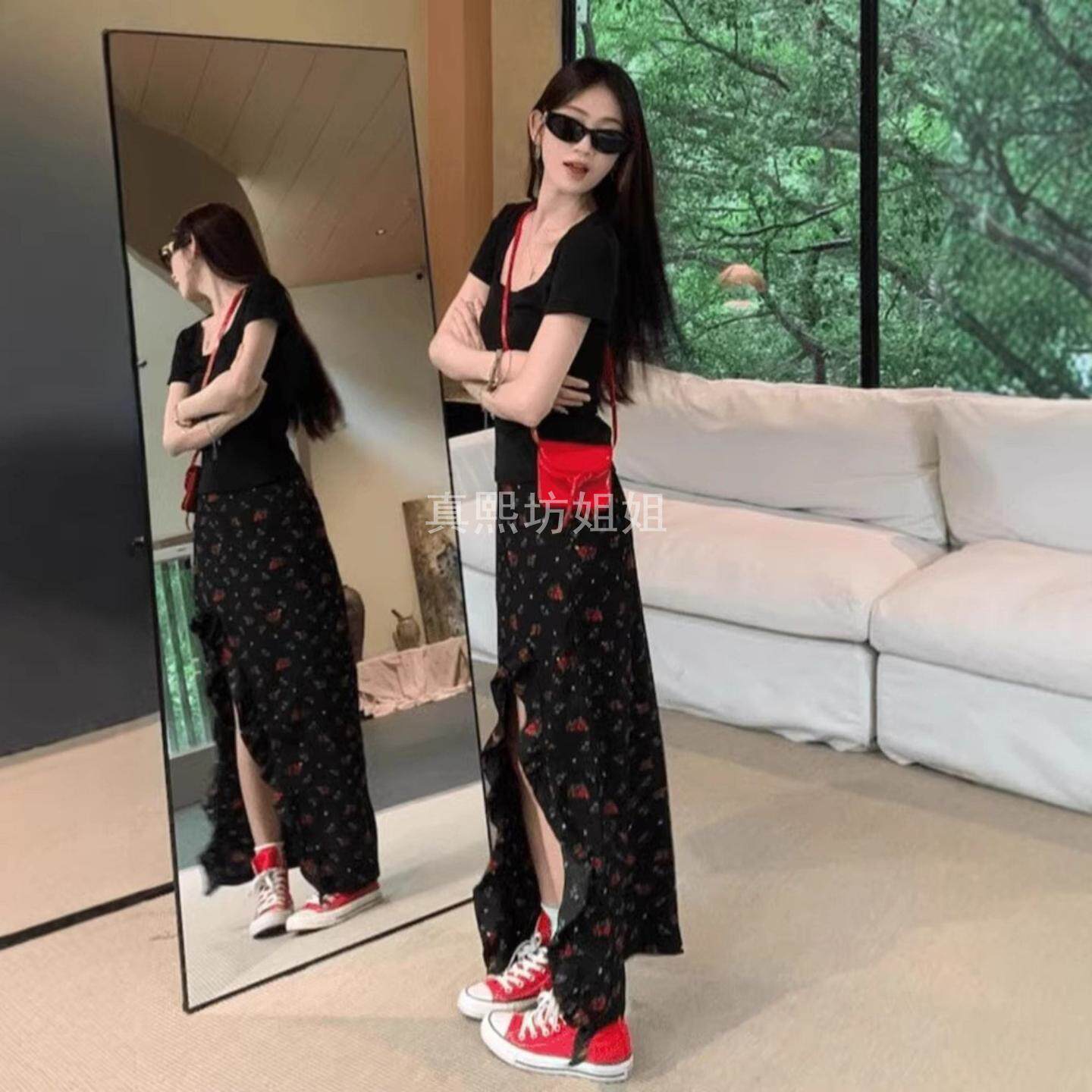 黑色碎花不规则开叉半身裙子女夏季新款小众设计高腰包臀长裙