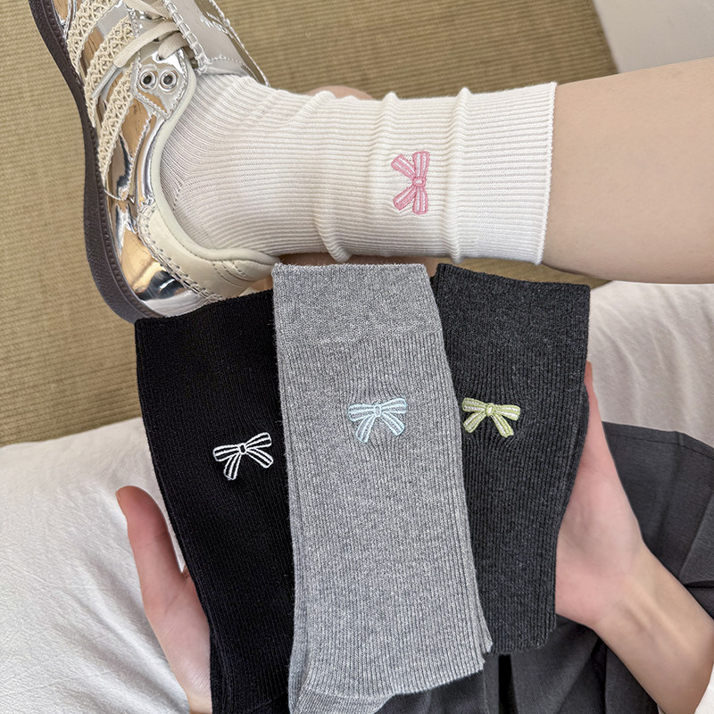 【4双】简约刺绣蝴蝶结纯色系miu风穿搭