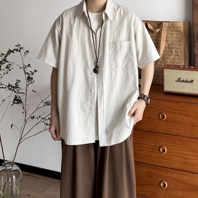 B东日系男装复古竖条纹短袖衬衫中性宽松休闲百搭翻领衬衣外套男
