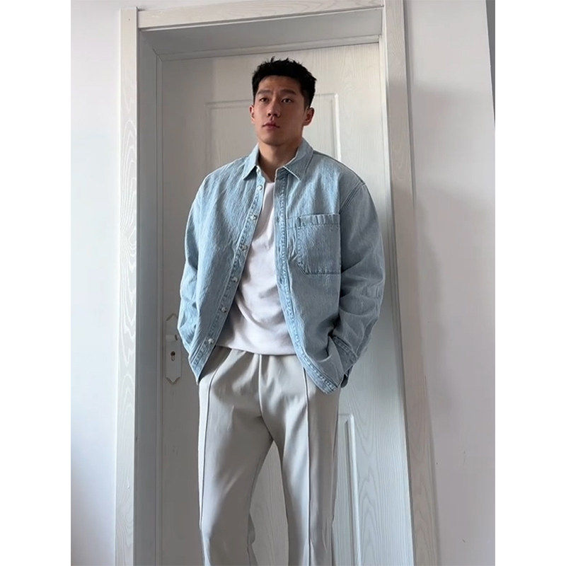 浅蓝色重磅水洗牛仔衬衫男春秋季潮牌轻熟高级感休闲开衫衬衣外套