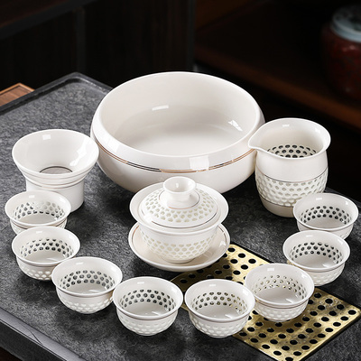 景德镇玲珑镂空透明茶壶整套盖碗