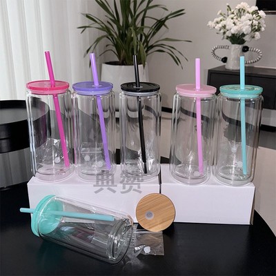 12oz 16oz 20oz双层雪球杯热升华玻璃杯pp盖竹盖配吸管有孔有定制