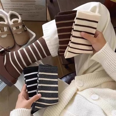 条纹袜子女秋中筒袜潮韩国网红风长袜美式复古堆堆袜春夏MM