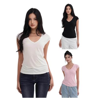 现货Jim Kenneth基础纯色V领修身百搭短袖小飞袖简约t恤休闲上衣