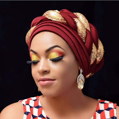 2021 Fashion African Auto Gele Headtie Sequins Braids Women'