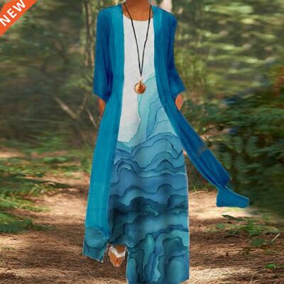 2Pcs/Set Floral Print Dress Set Women Sleeveless Maxi Dress